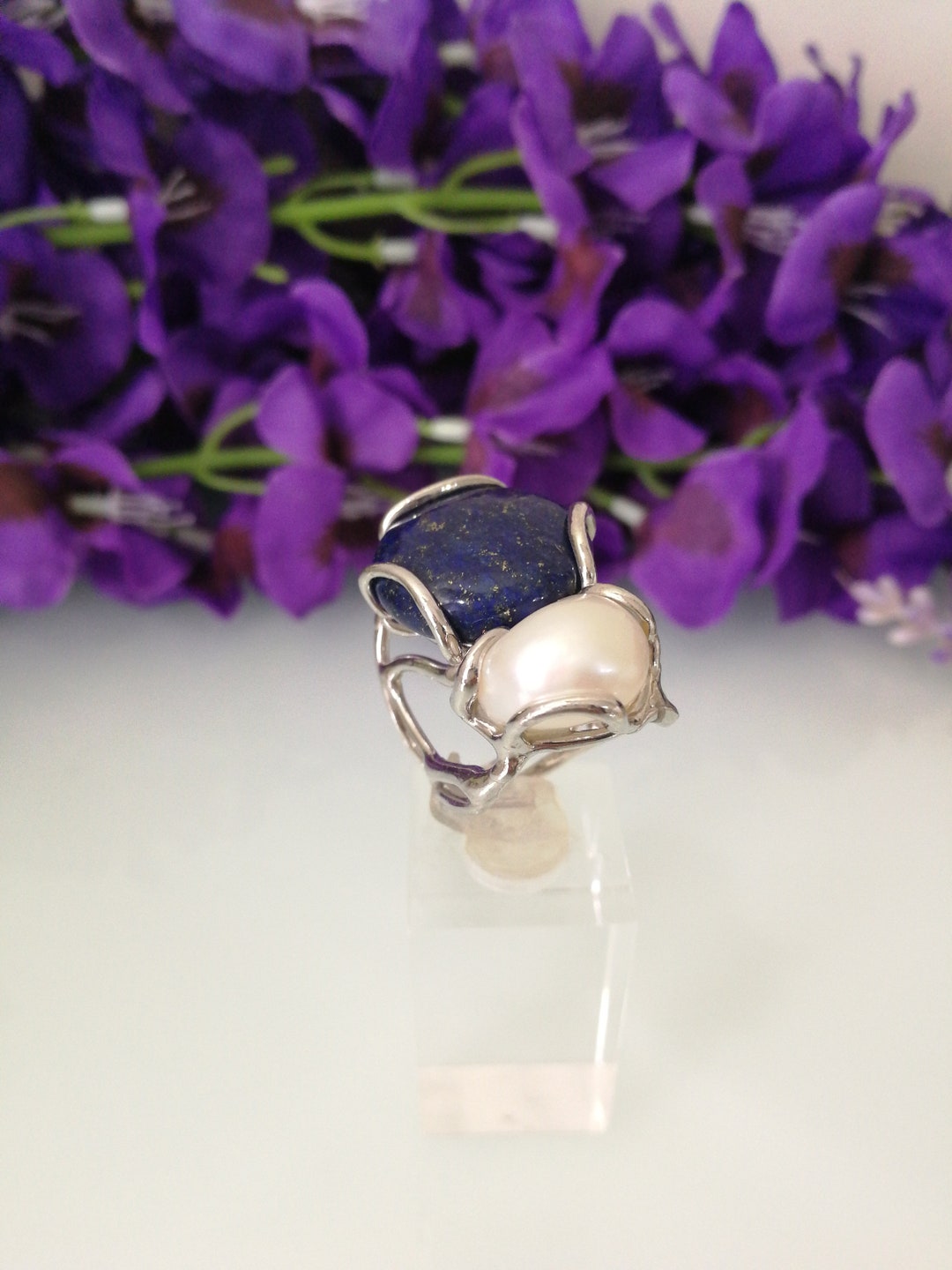 Bague perle baroque naturelle et véritable pierre bleue Lapis - Etsy France