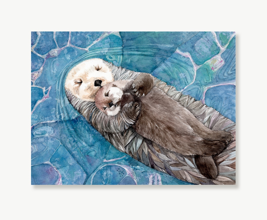 Sea Otters. Mother Otter and Her Baby. Fine Art Paper or Canvas Print ...