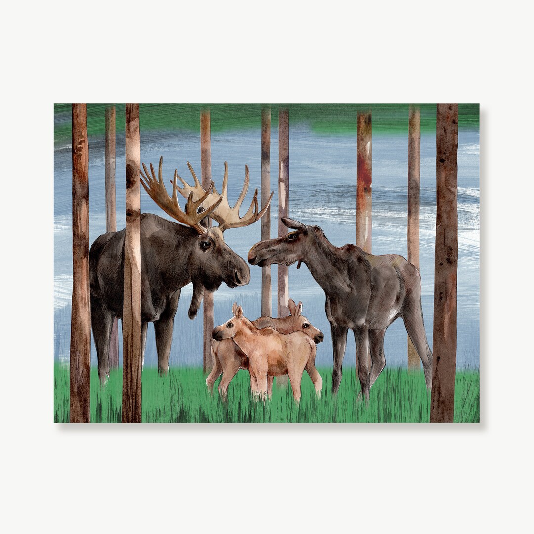 Woodland Animals Art Print, Moose Family in the Forest, Nursery Wall ...