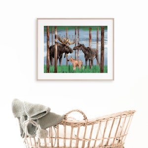 Woodland Animals Art Print, Moose Family in the Forest, Nursery Wall ...
