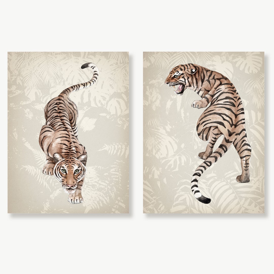 Two Tigers, Neutral Wall Art Print Set of 2 Tiger Paintings, Jungle ...