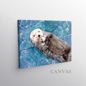 Sea Otters. Mother Otter and Her Baby. Fine Art Paper or Canvas Print ...