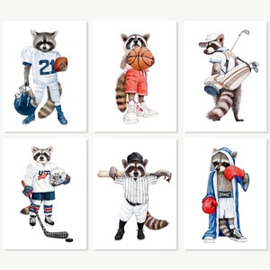 Animal Sports, Raccoons as Sportsmen, Funny Art Print Set, Humorous ...