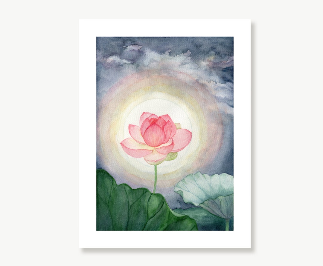 Pink Lotus Flower and Full Moon, Art Print, the Sacred Lotus and the ...