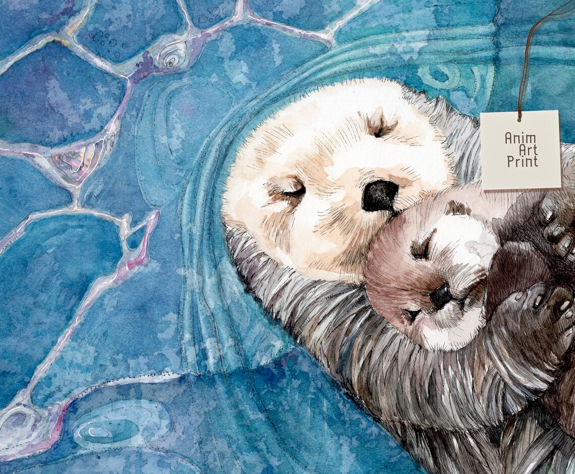 Sea Otters. Mother Otter and Her Baby. Fine Art Paper or | Etsy