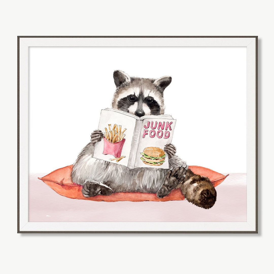 Raccoon Reading a Book "junk Food". Funny Animal Art Print, Funny ...