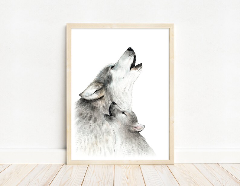 Wolf Art, Mother and Baby Wolf Print, Mama Wolf and Cub, Howling Wolf ...