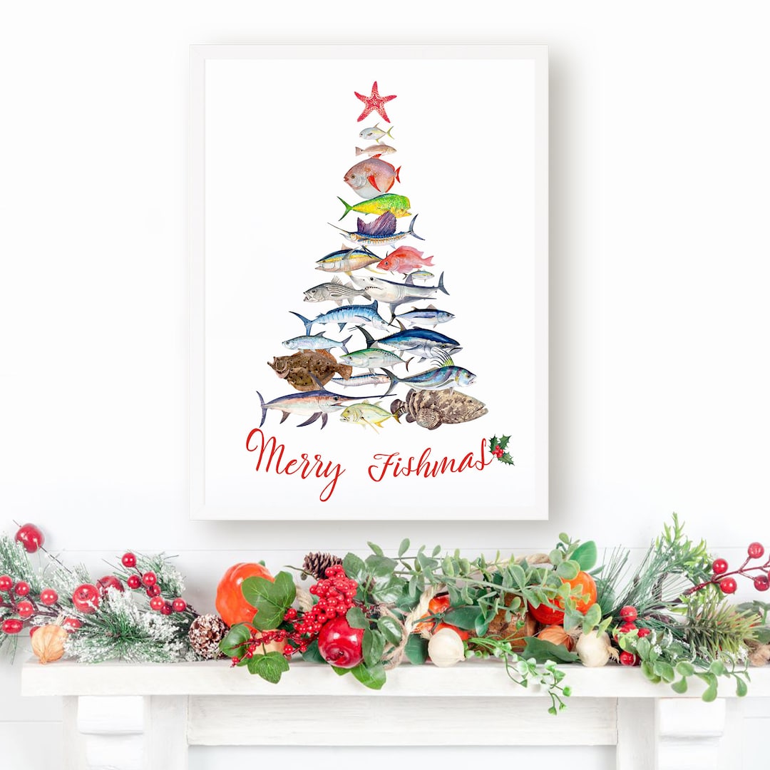 Merry Fishmas! Christmas Tree With Fish Art Print, Ocean Holiday Décor ...
