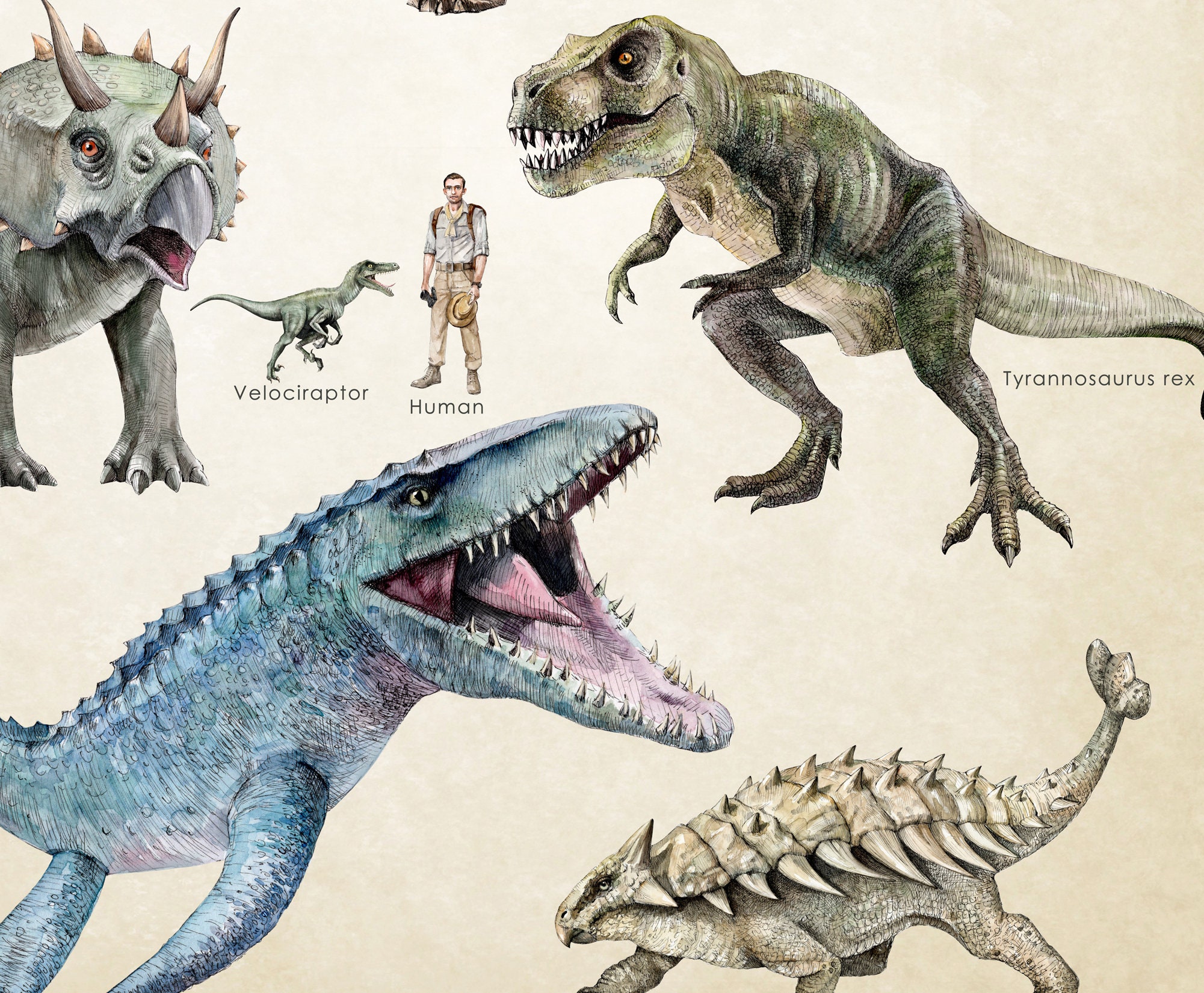 Human and Dinosaurs Poster, Educational Wall Art, Dinosaurs Print ...