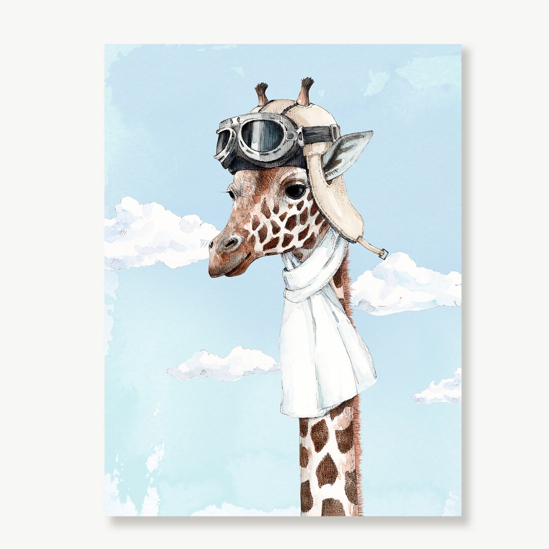 Giraffe Pilot With Retro Aviator Helmet on Blue Sky, Animal Pilot ...