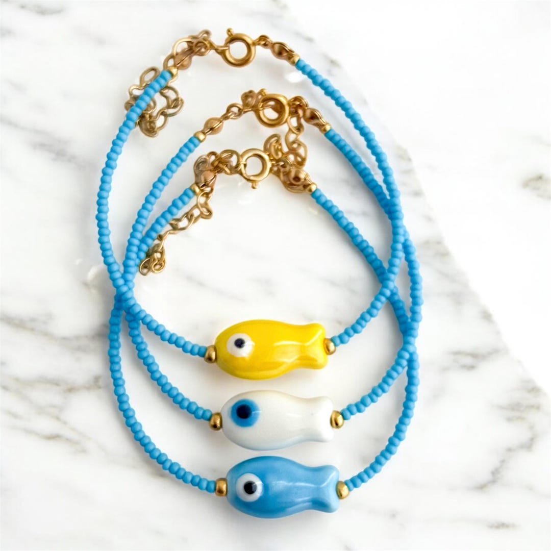 Handmade Porcelain Fish Bracelet: Blue Seed Beads, 18K Gold-filled - Etsy