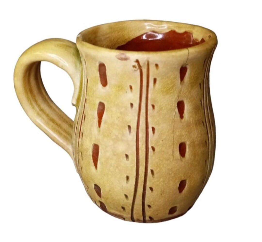 Vintage Handmade SJ Pottery Mug Signed Cup Yellow Red Stoneware Bethel ...
