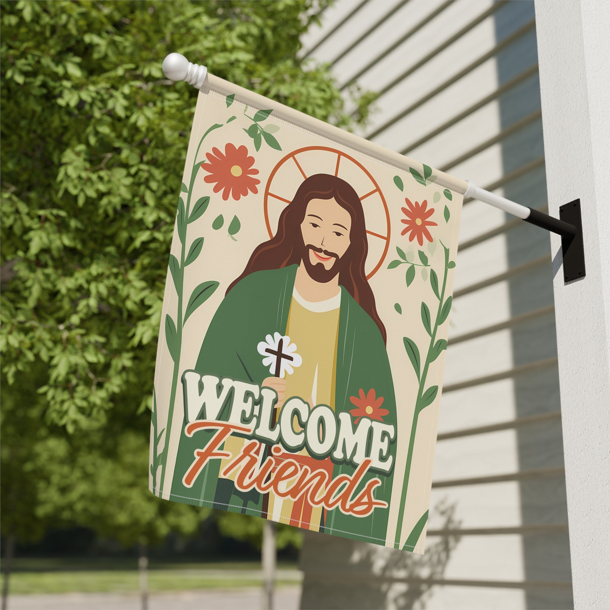 Jesus Welcome Friends Flag, Floral Christian Cross, Christian Garden ...