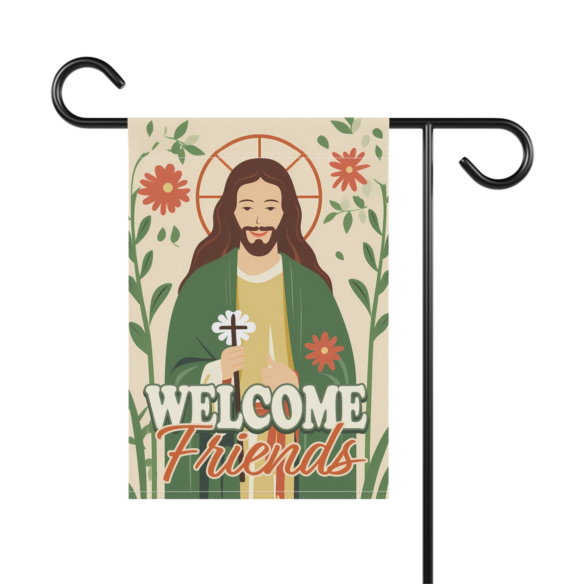 Jesus Welcome Friends Flag, Floral Christian Cross, Christian Garden ...