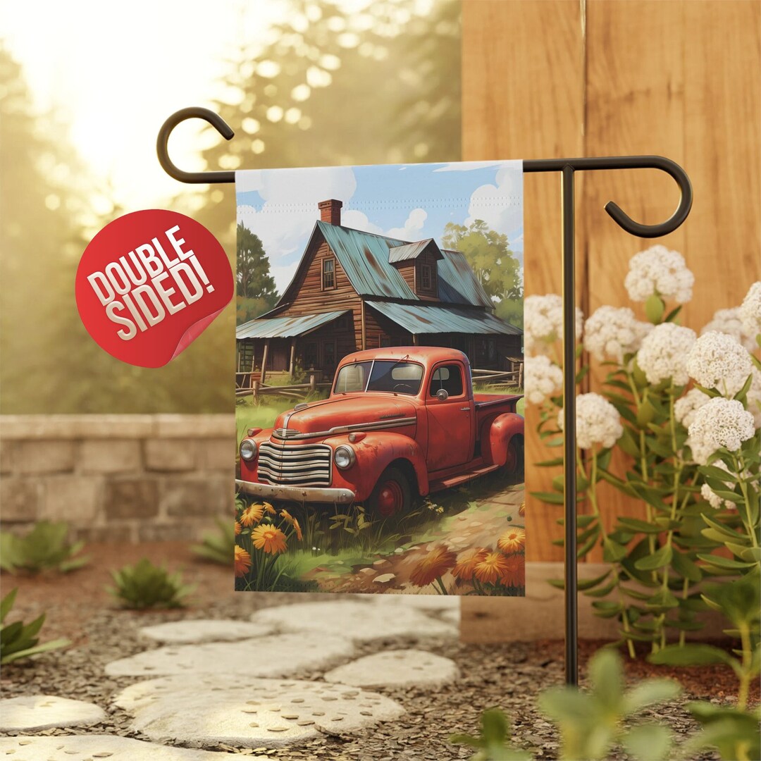 Classic Red Truck Flag Cabin Country Side Sunset Double Sided Fall ...