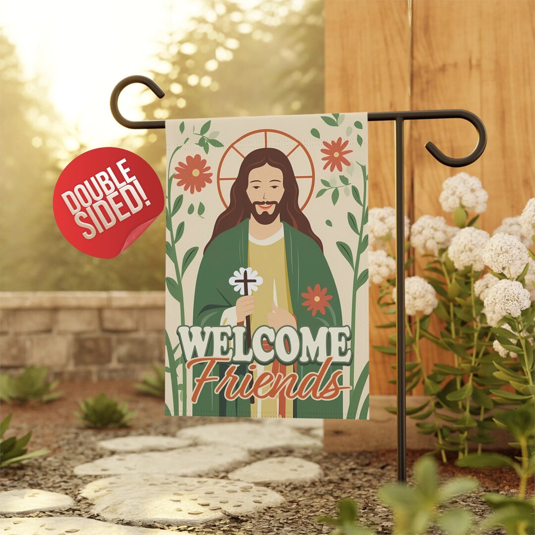 Jesus Welcome Friends Flag, Floral Christian Cross, Christian Garden ...