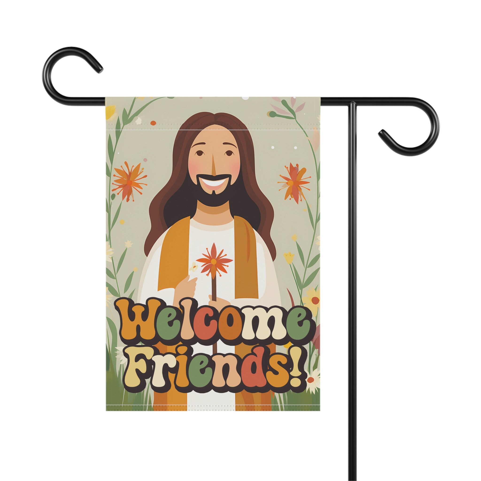 Groovy Jesus Welcome Friends Flag, 70's Vibe, Retro Vintage Flower ...