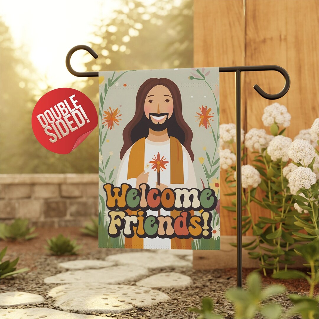 Groovy Jesus Welcome Friends Flag, 70's Vibe, Retro Vintage Flower ...