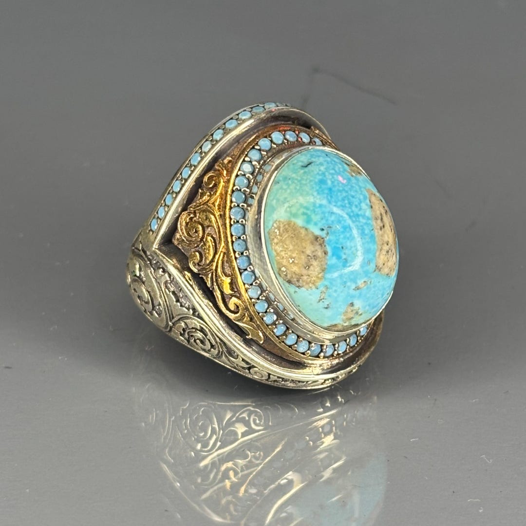 Natural Turquoise Men’s Ring, 925 Sterling Silver Signet, Large Oval ...