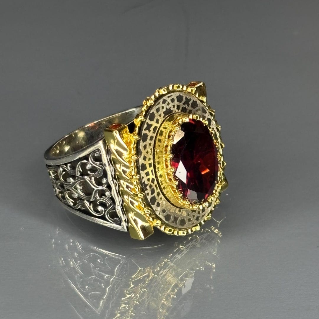925 Sterling Silver Ruby Men’s Ring With Oval Red Stone and Gold ...
