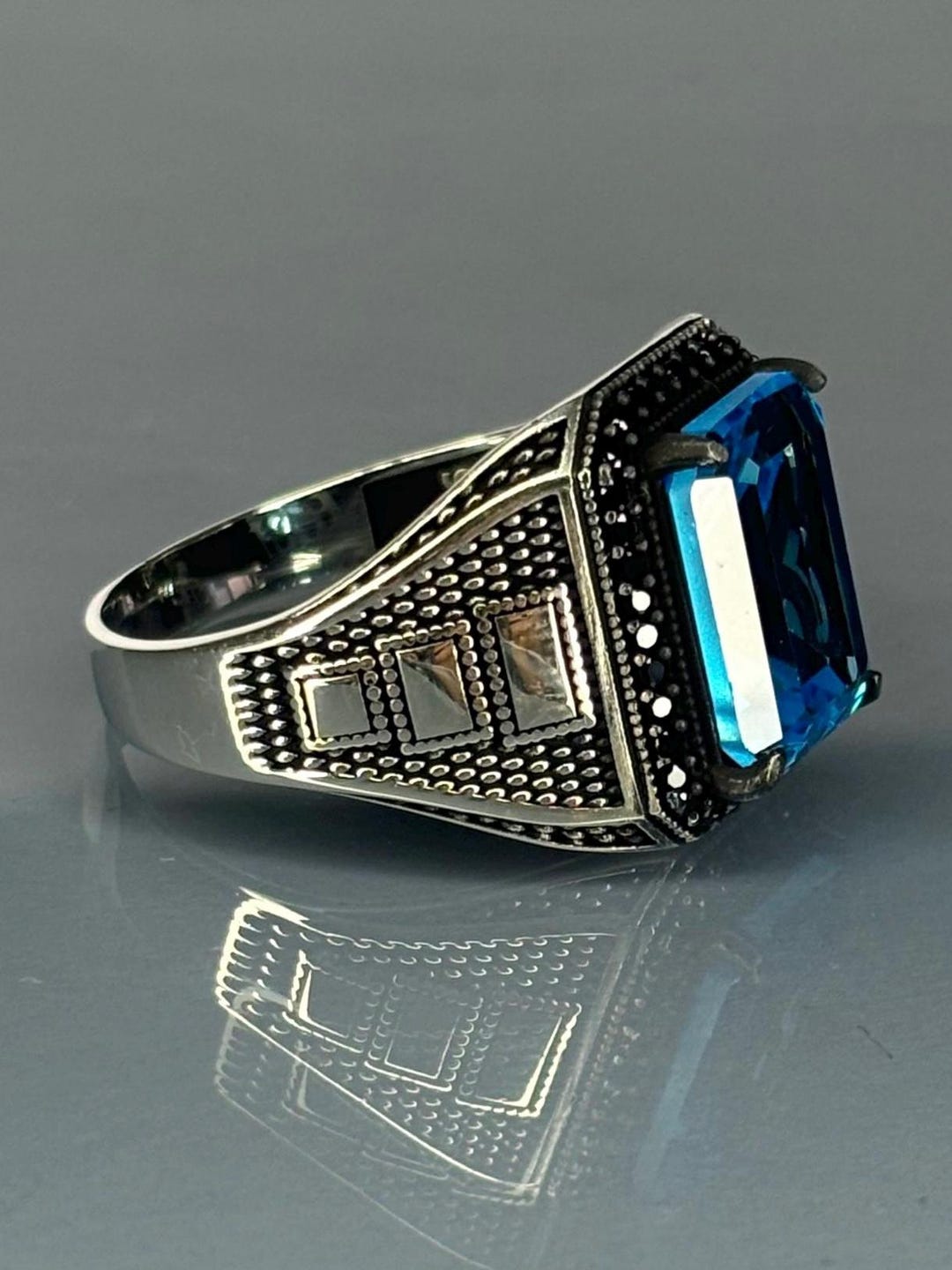 Men's 925 Sterling Silver Aquamarine Stone Ring, Vintage Gothic Design ...