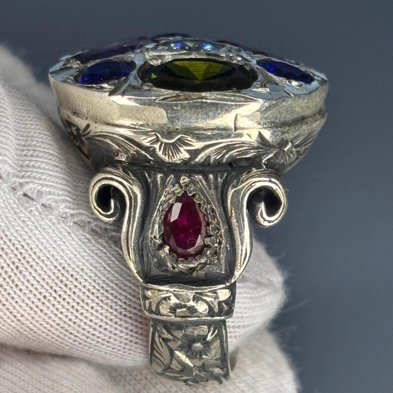 Turkish Handmade Multi Gemstone Men's Ring, 925 Sterling Silver Ornate ...