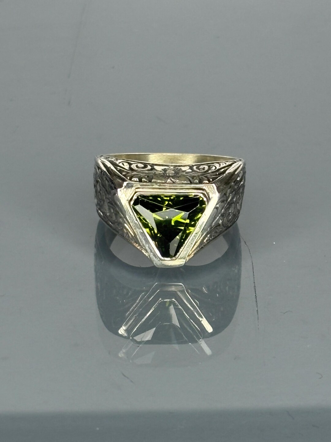 Handmade Sterling Silver Men's Ring: Gothic Triangle Peridot Statement ...