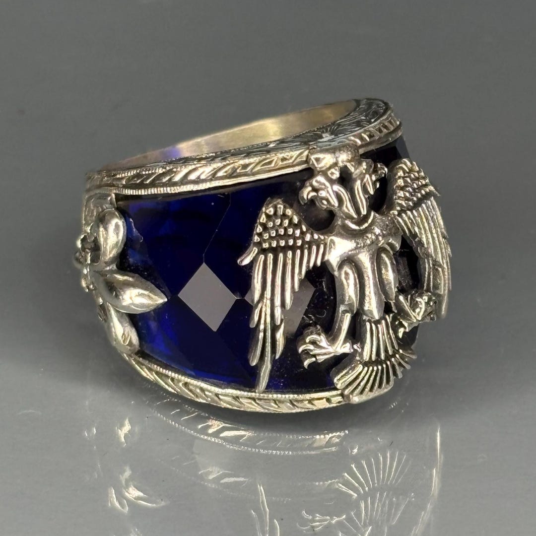 Double Headed Eagle Ring, Mens Sapphire Ring, 925 Silver Fleur De Lis ...