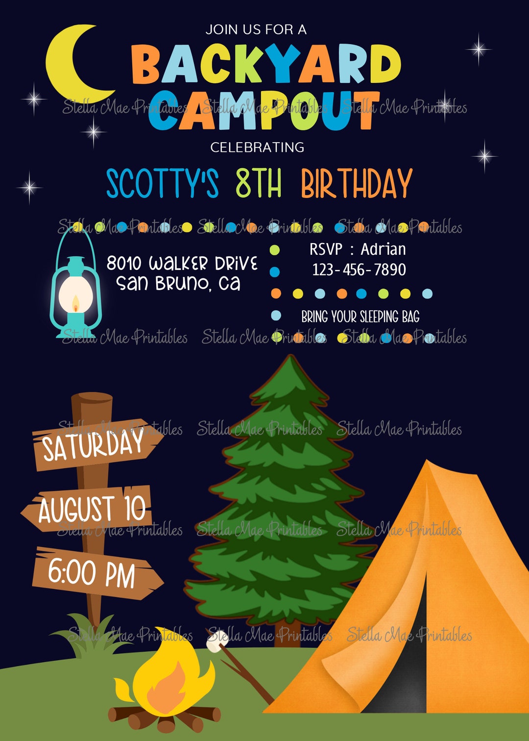 Backyard Campout Birthday Camping, Tent, Sleepover Printable Invitation ...