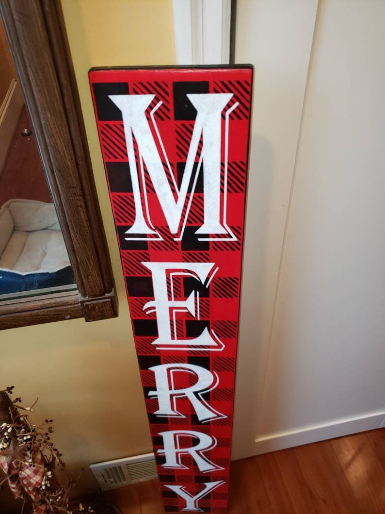 Merry Porch Sign Buffalo Plaid Rustic Reversible Sign Distressed Wood ...