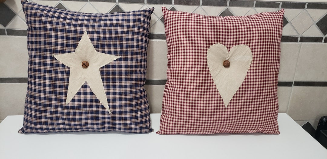 Primitive Pillow 16" Square Homespun Pillow Prim Star Heart Rusty Bell ...
