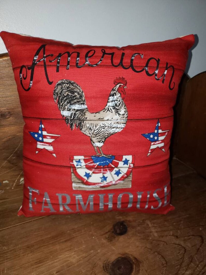 Americana Red Farmhouse Pillow Rustic Patriotic Decor Primitive Muslin ...