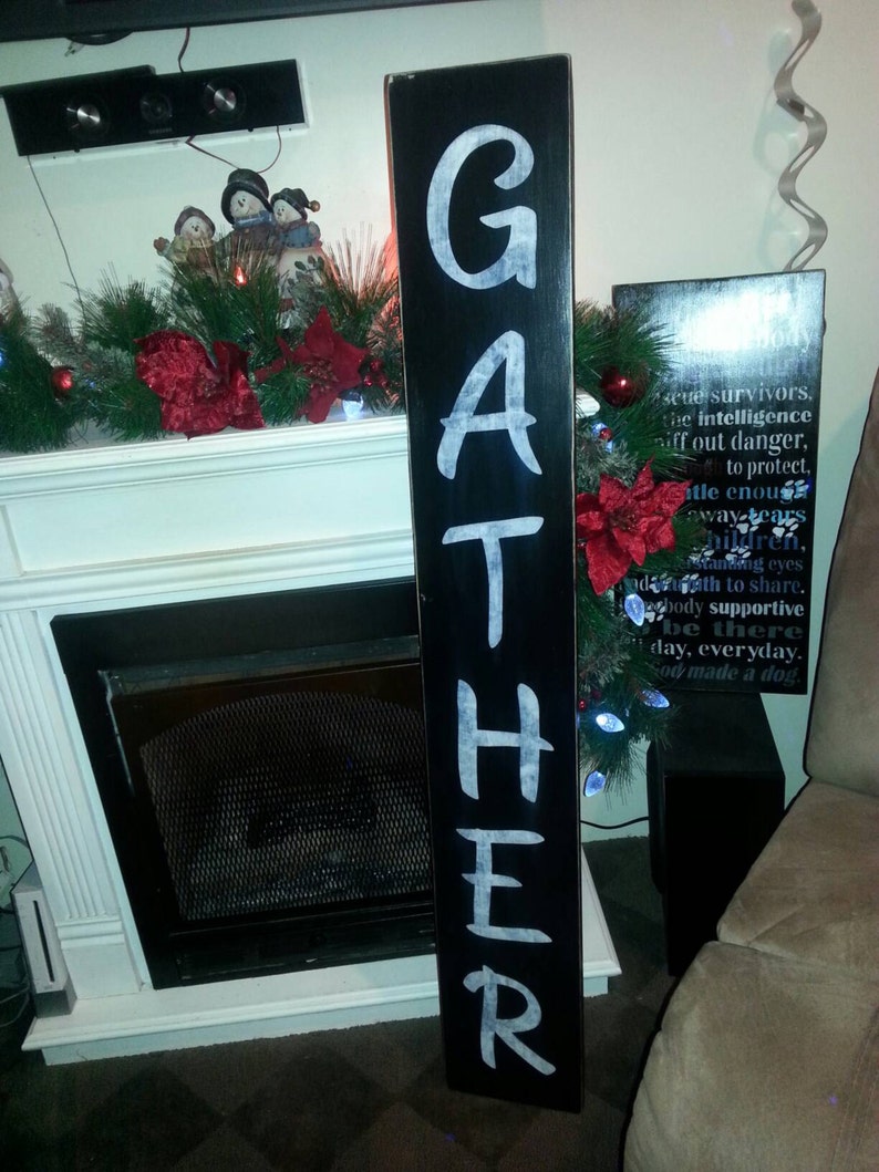 Gather Sign Porch Vertical Reversible Wood Sign Distressed Wood Rustic ...