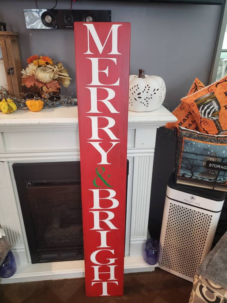 Merry & Bright Wood Porch Sign Rustic Reversible Entryway Sign ...