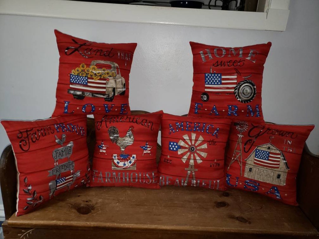 Americana Red Farmhouse Pillow Rustic Patriotic Decor Primitive Muslin ...