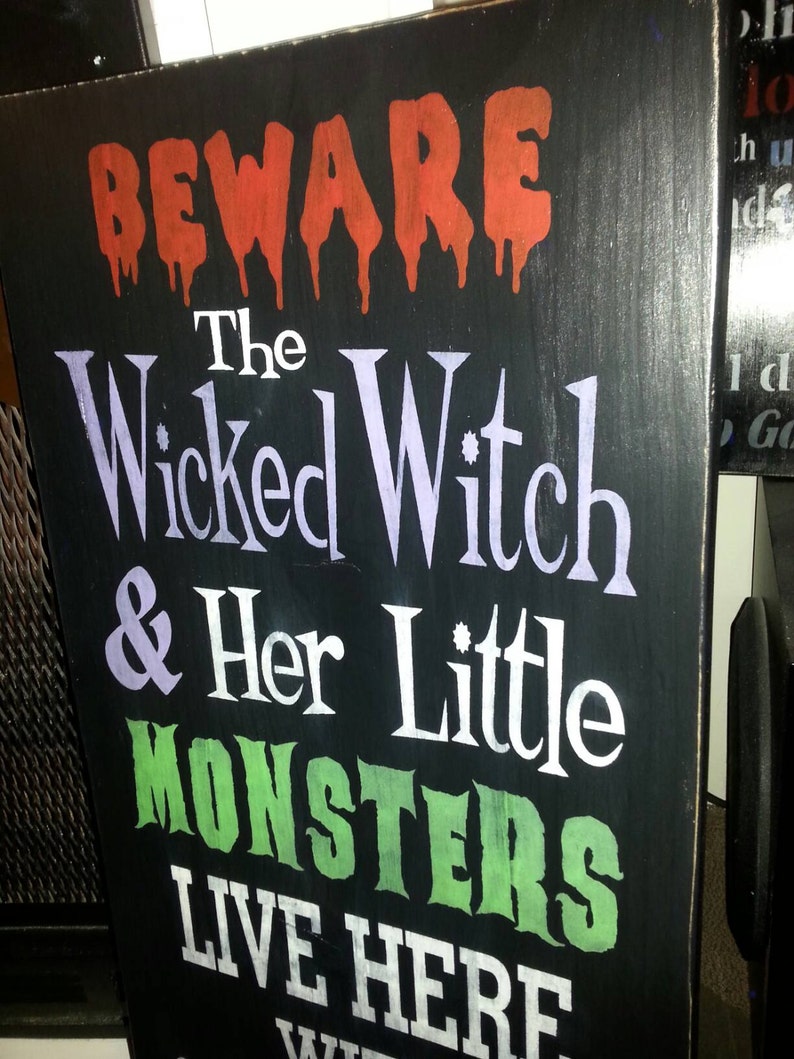 Halloween Wood Sign Beware the Wicked Witch & Her Little - Etsy