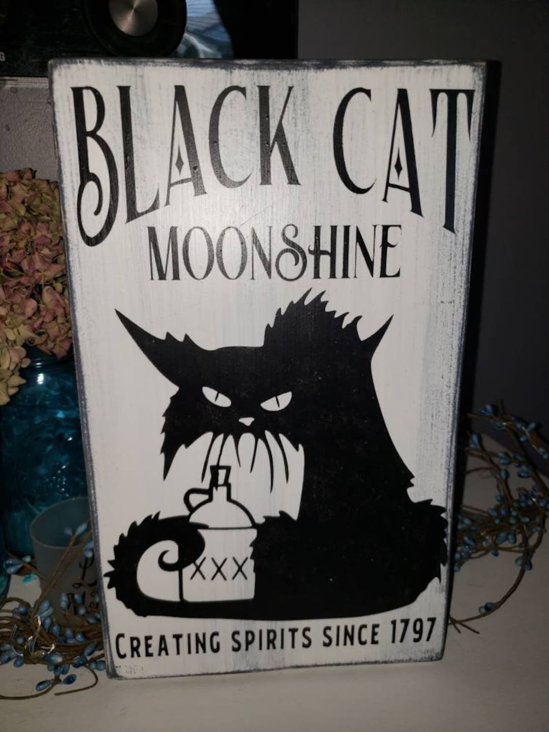 Black Cat Moonshine Sign Distressed Rustic Wood Sign Primitive Fall ...