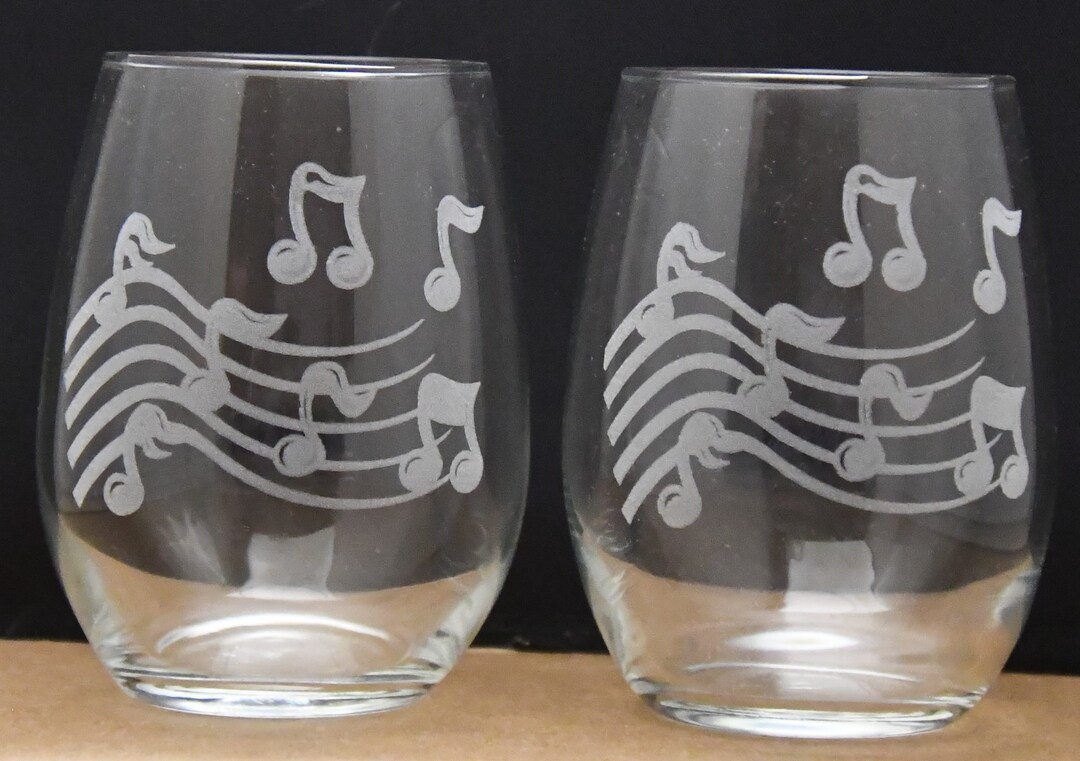 2 Etched Large Stemless Wine Glasses ,musical Note Logos - Etsy