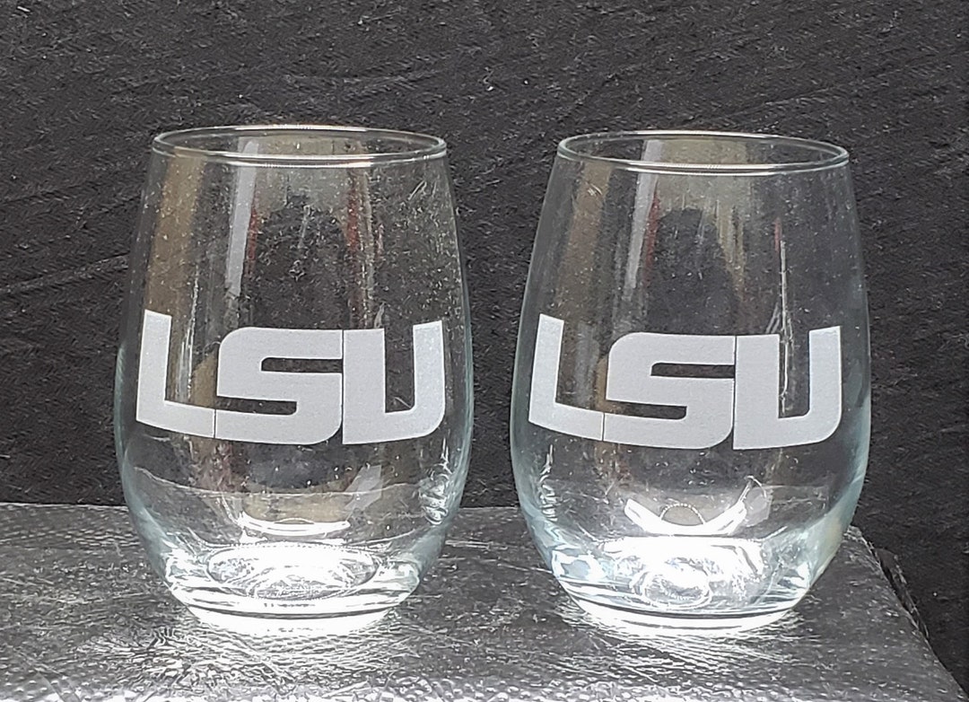 2 Large Etched Stemless Wine Glasses ,louisiana State University ,LSU ...
