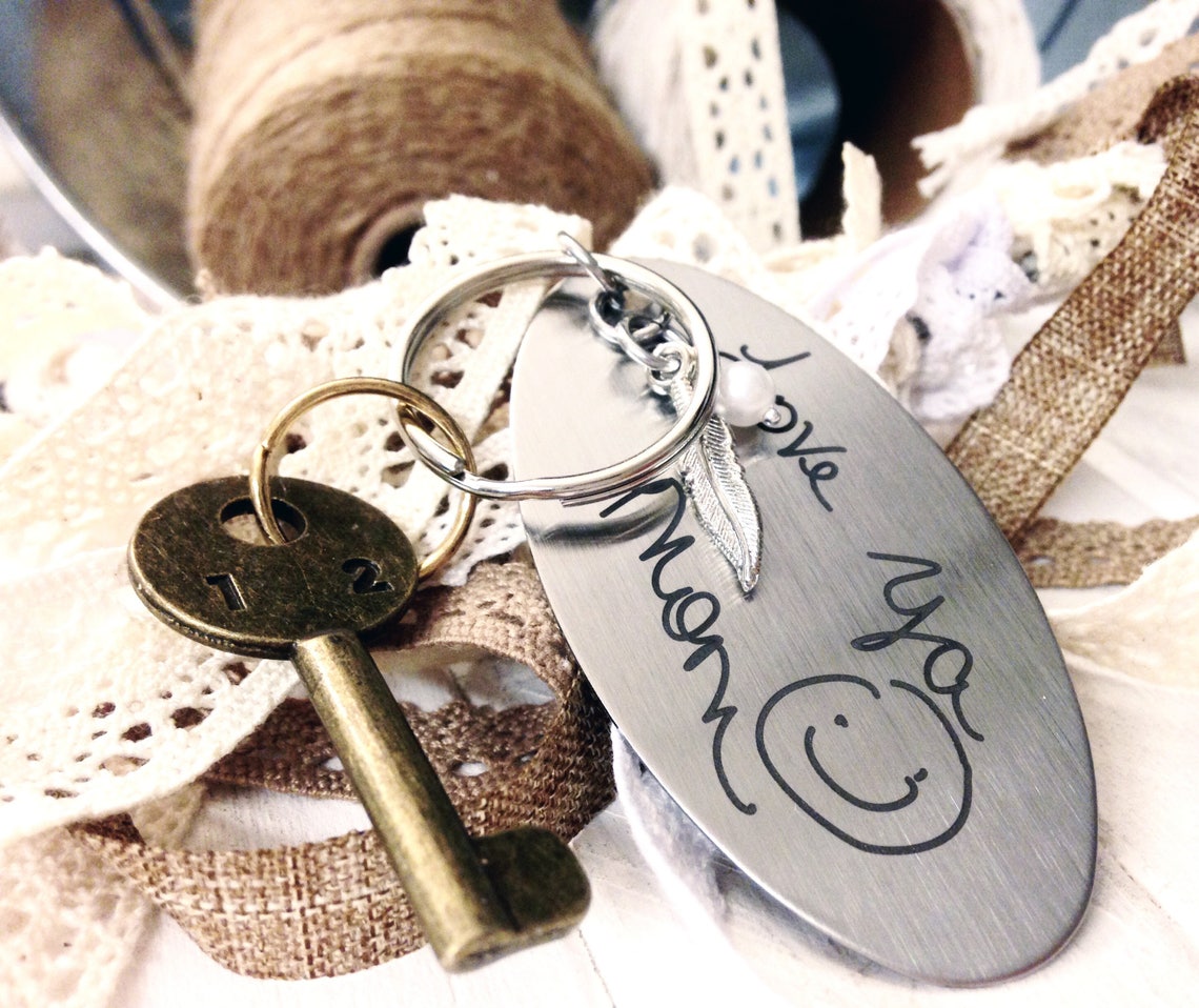 Handwritten Key Chain- With Pearl and Feather Charm -your Handwriting ...