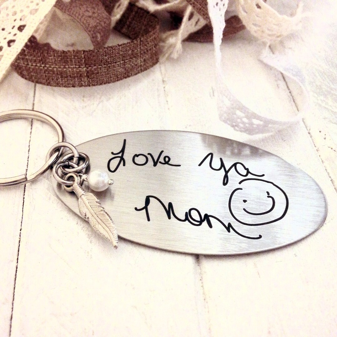 Handwritten Key Chain- With Pearl and Feather Charm -your Handwriting ...