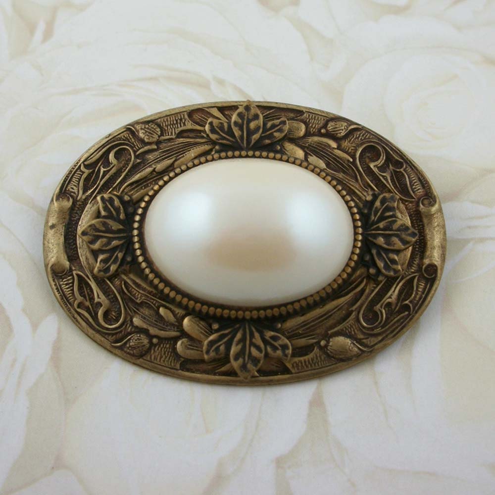 Tranquil Pearl Pin With Ornate Details in Antiqued Brass - Etsy
