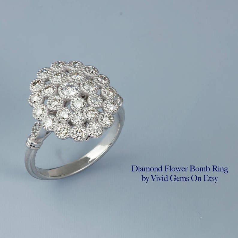 Flower Bomb Ring in 14k White Gold With 30 Round Natural | Etsy