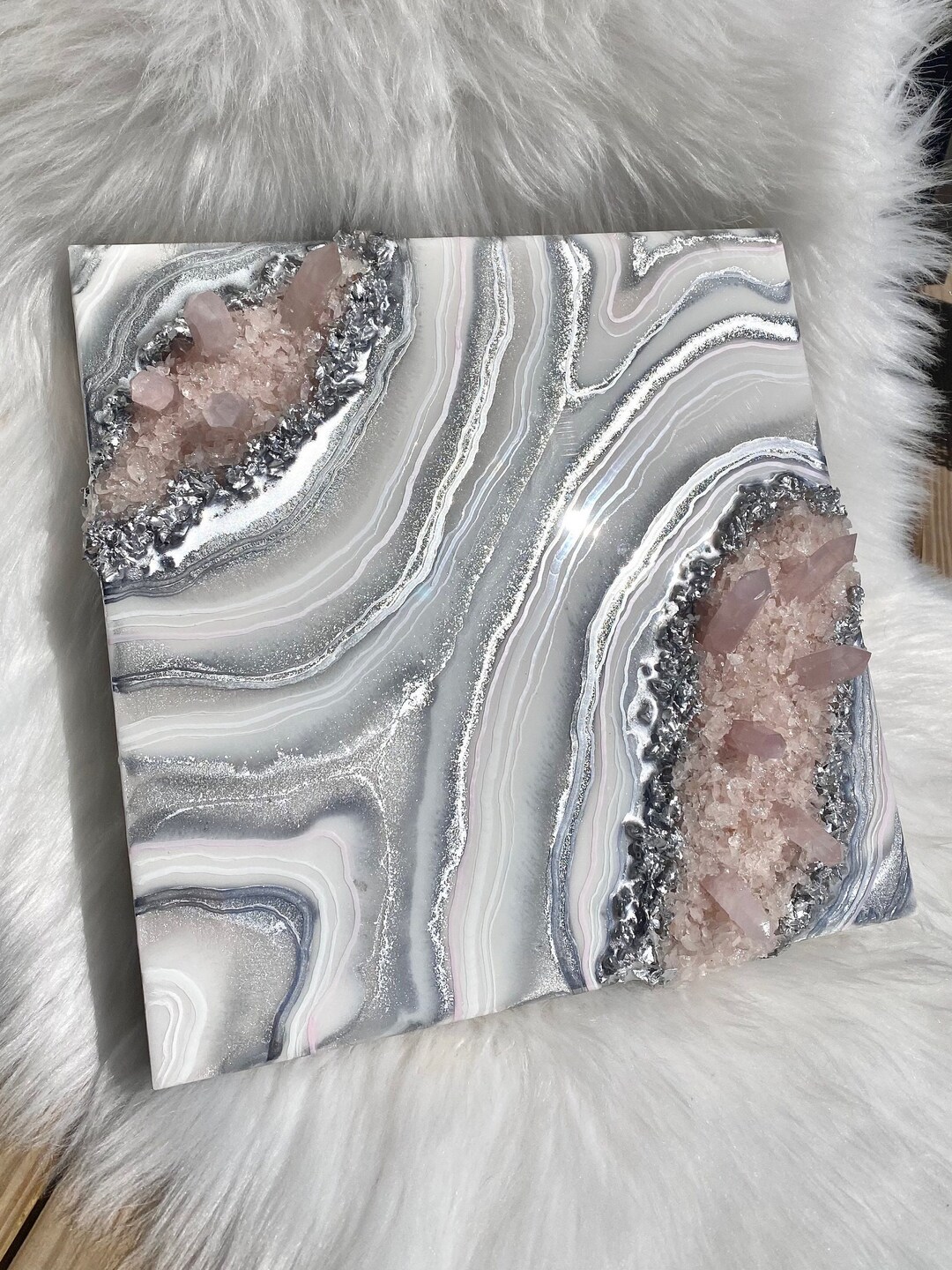 Rose Quartz Crystal Geode Painting / Silver White & Pink Epoxy Resin ...