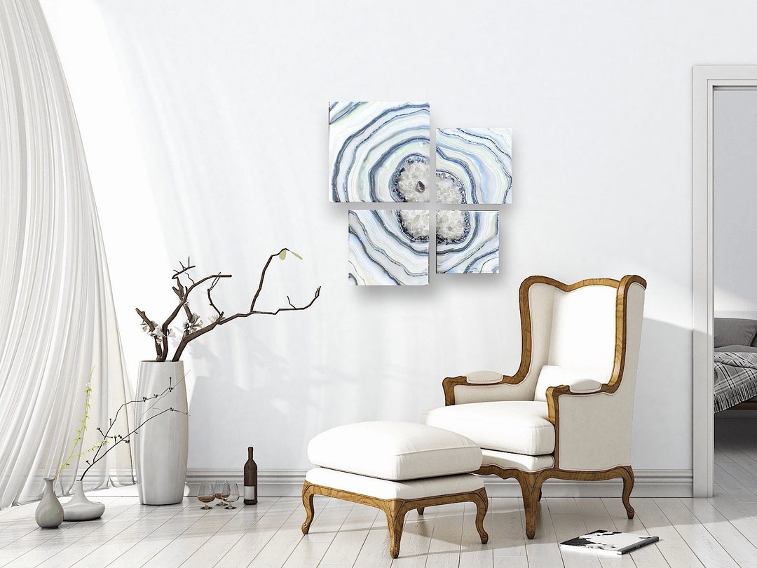 Large Multi-panel Geode Wall Art Metallic Silver & White W/ Pale ...