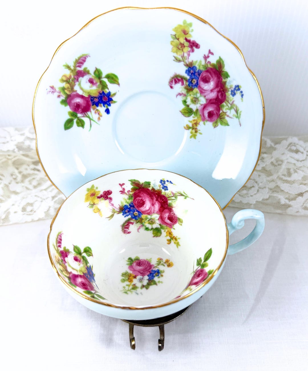 EB Foley Teacup and Saucer: Vintage Blue and White With Multi Color ...
