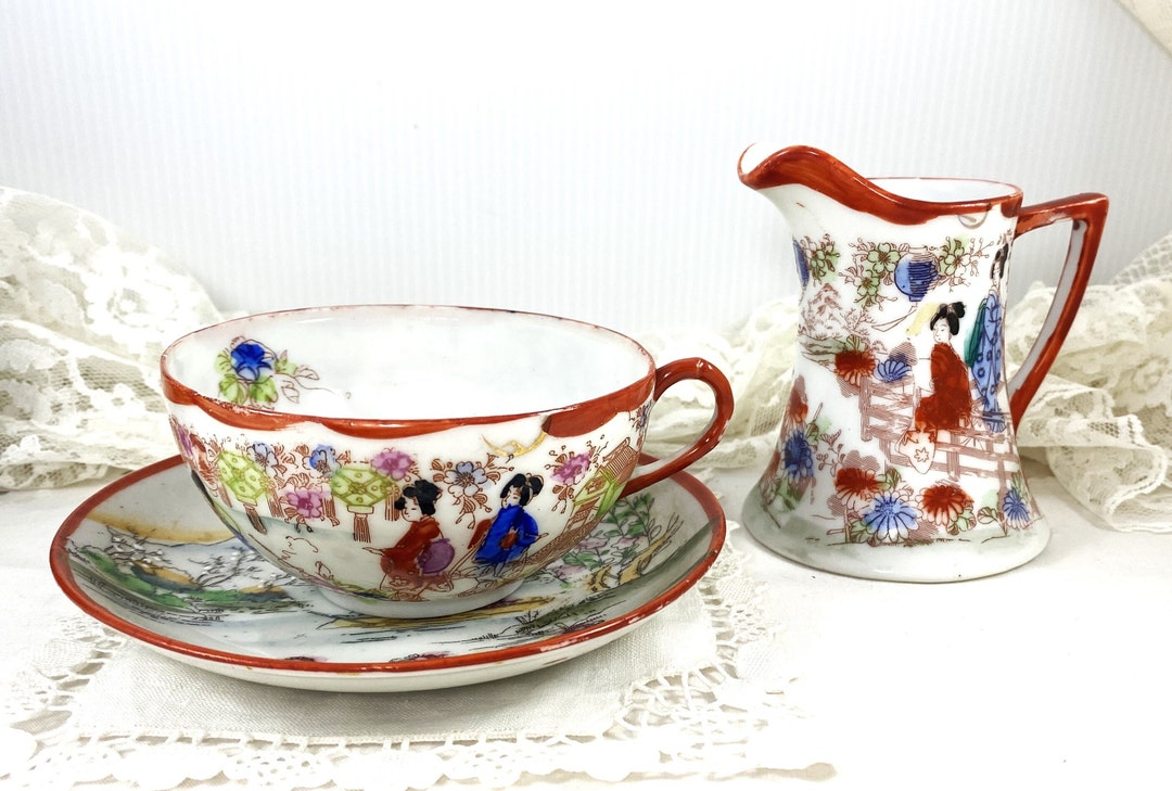 Japanese Kutani Geisha Girl Trio Teacup, Saucer and Creamer Pagoda ...