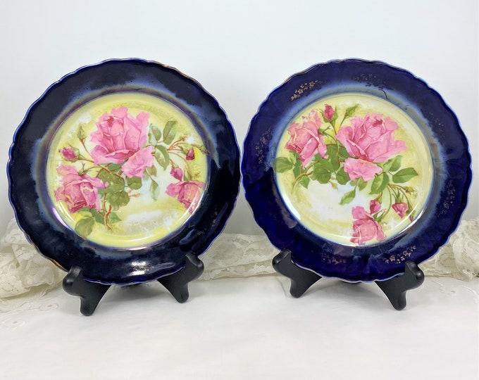 Antique Cobalt Blue Plates With Roses, Set of 2, 7 3/4, Beehive Mark ...