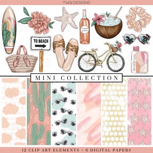 Beach Boho Clip Art & Digital Paper Collection Hand Drawn Illustrations ...