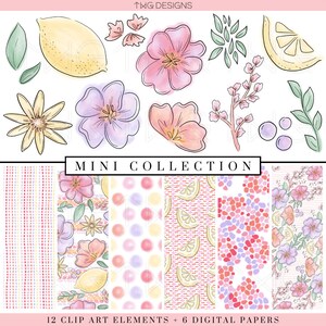 Flowers Lemons Clip Art & Digital Paper Collection Bundle Watercolor ...